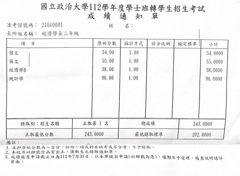112轉學考心得｜五專生兼顧五科上榜政大經濟系大三榜首北大統計系正三 （含統計學解答） 考試板 Dcard