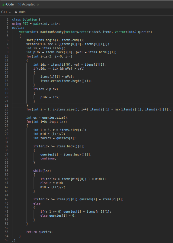 2070. Most Beautiful Item for Each Query 解題紀錄 - 佛朗火箭製造基 (@supersonico) | Dcard