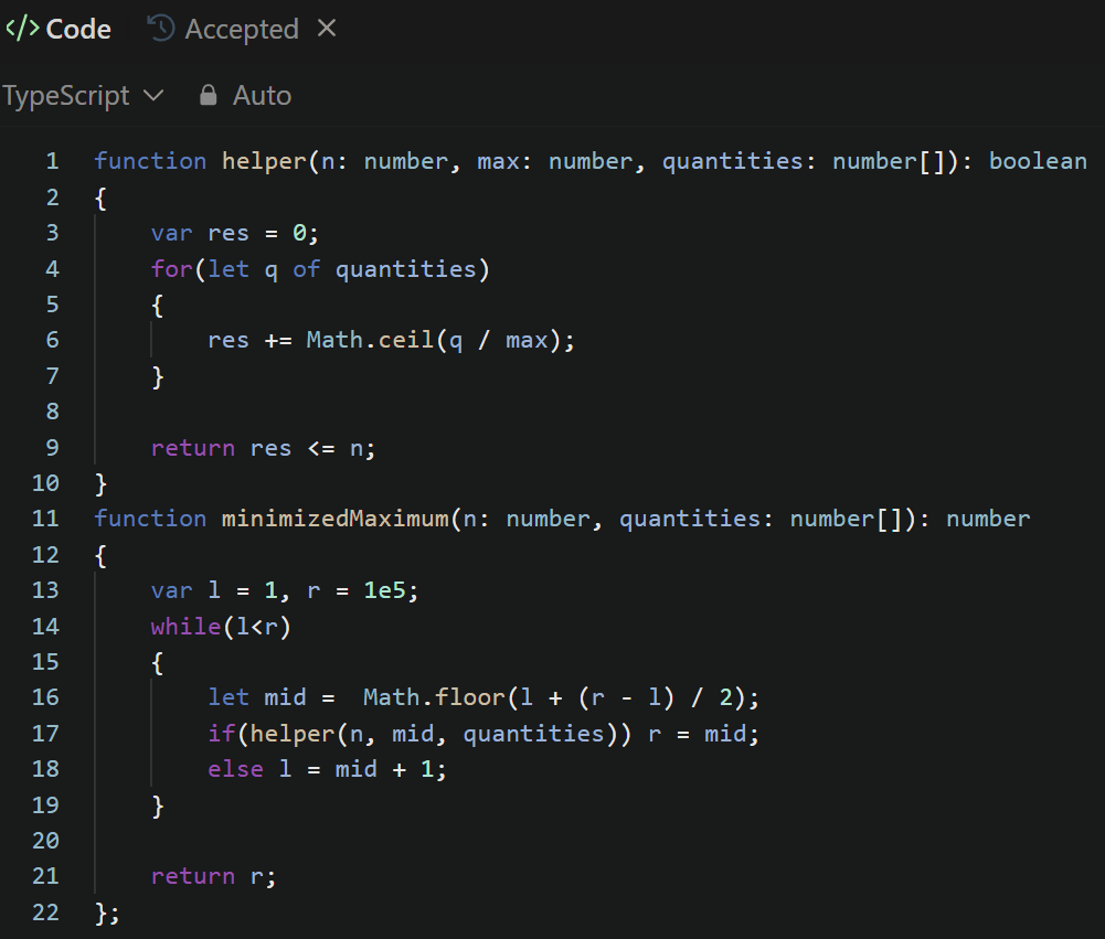2064. Minimized Maximum of Products Distributed to Any Store 解題紀錄 - 佛朗火箭製造基 (@supersonico) | Dcard