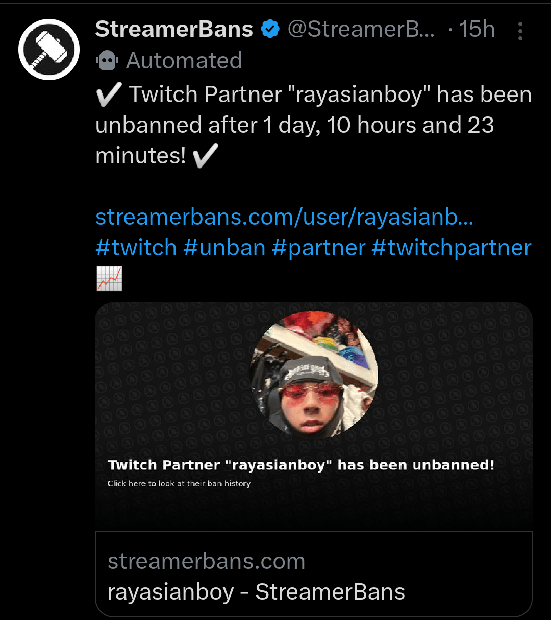 Ray的twitch終於在被封了一天十小时23分鐘後unbanned了 - YouTuber板 | Dcard