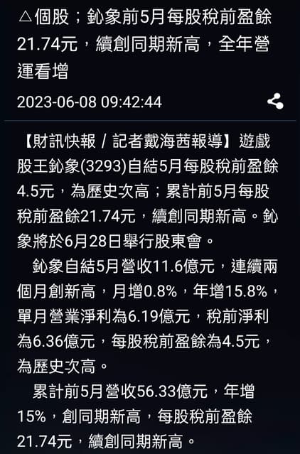 「分享」五月公佈營收，鈊象符合預期 - 皓老大 (@bibity) | Dcard