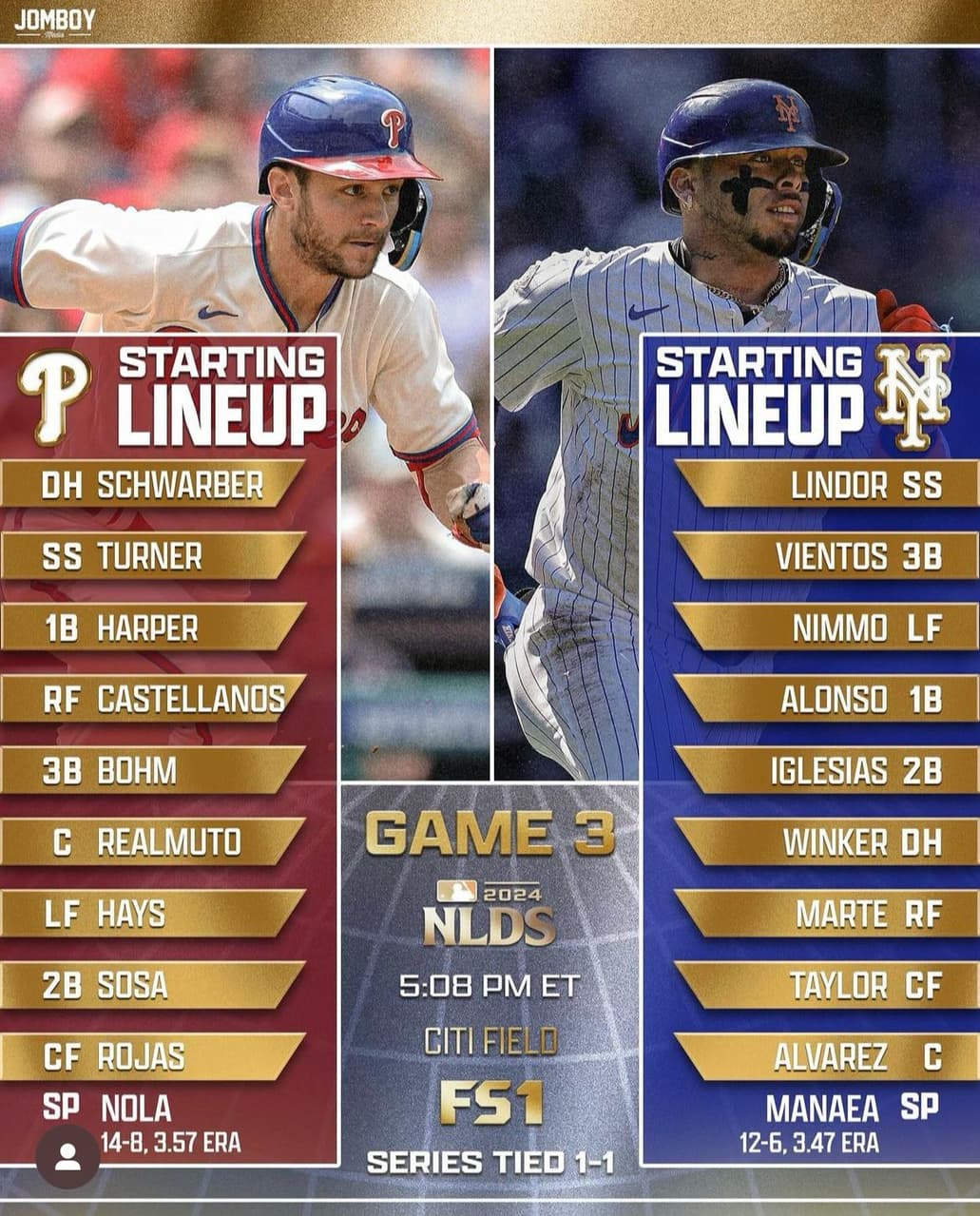 #賽事討論 2024/10/9 MLB NLDS G3 / 費城人 VS. 大都會 / 賽事討論區（A.Nola VS. S.Manaea) 系列賽 1-1 - MLB板 | Dcard