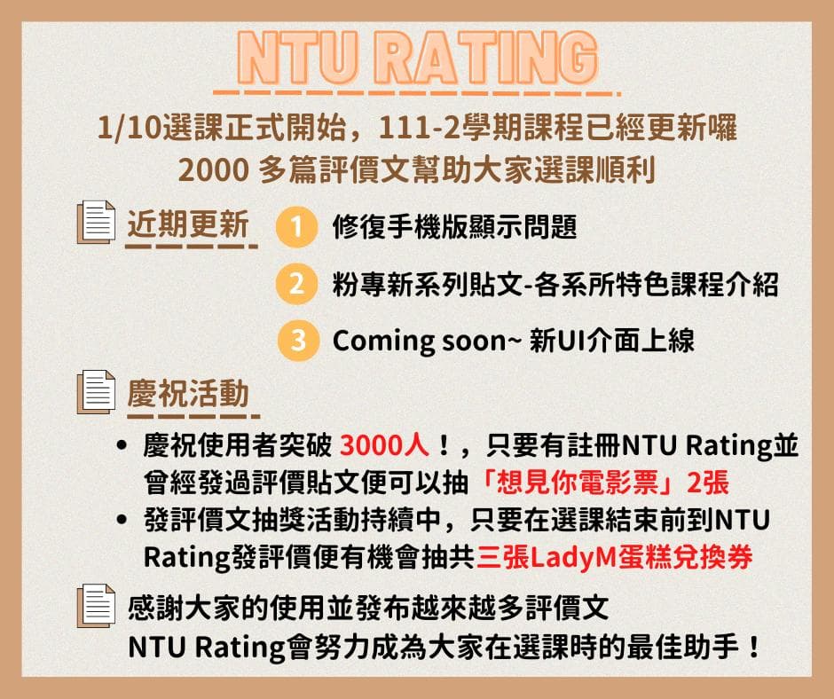 NTU Rating 111-2課程已更新，趕緊查課排課查評價去！ - 臺灣大學板 | Dcard