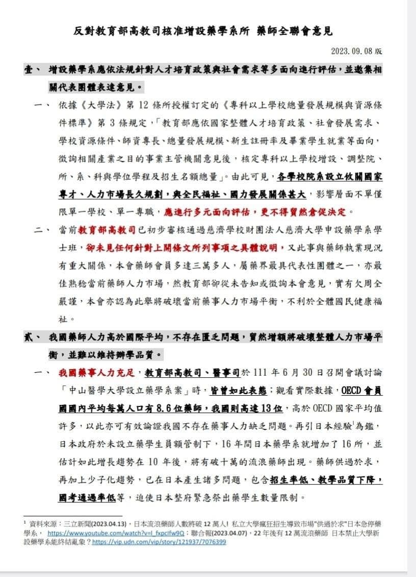 反對教育部高教司核准增設藥學系所 藥師全聯會意見 20230908 藥學板 Dcard