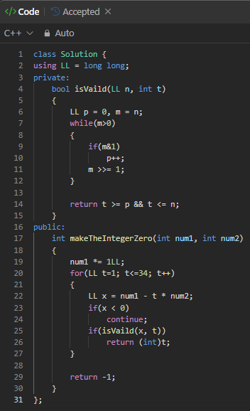 2749. Minimum Operations to Make the Integer Zero 解題紀錄 - 佛朗火箭製造基 (@supersonico) | Dcard