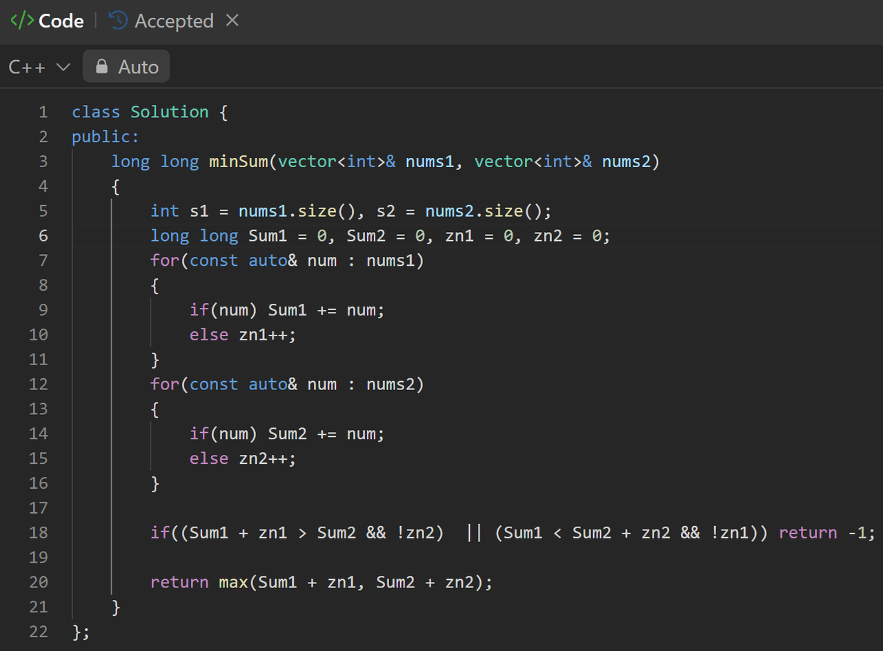 2918 Minimum Equal Sum Of Two Arrays After Replacing Zeros 解題紀錄 佛朗火箭製造基 Supersonico Dcard