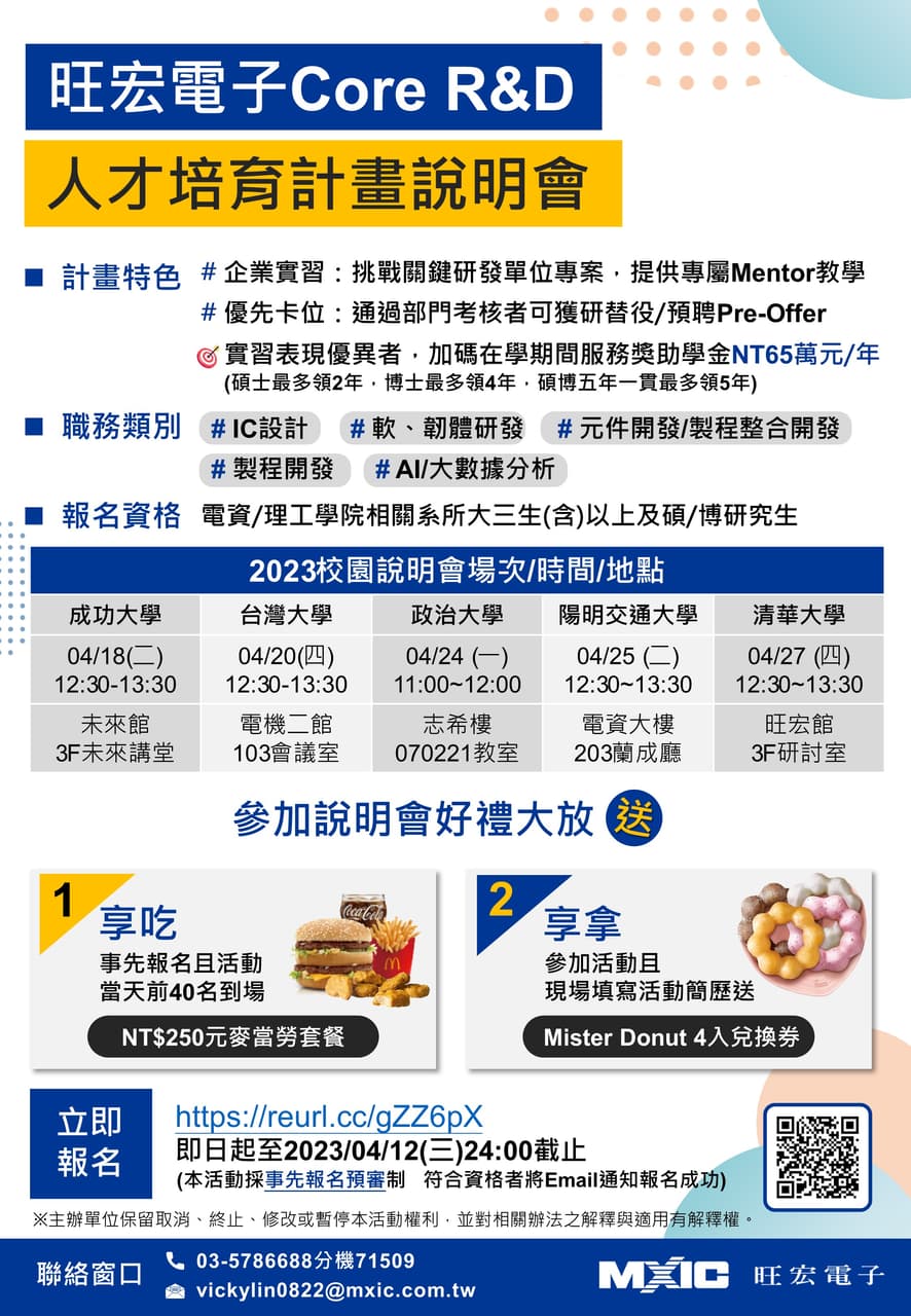 2023旺宏電子Core R&D 人才培育計畫說明會 - 臺灣大學板 | Dcard
