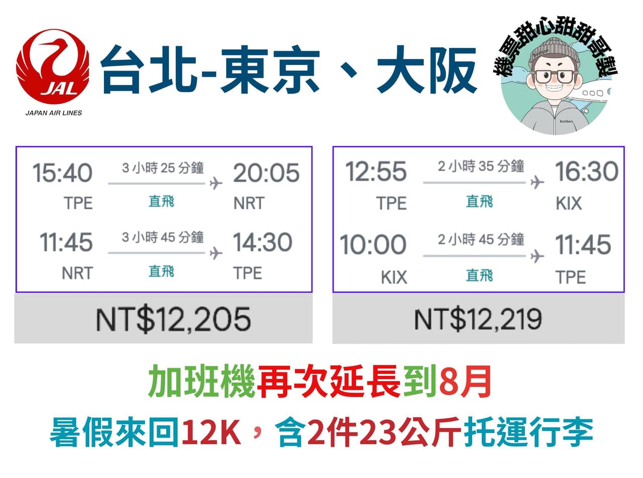 日航加班機再度延長至八月，台北飛大阪、東京來回12K！ - 機票甜心甜甜哥 (@candy_bonbon) | Dcard