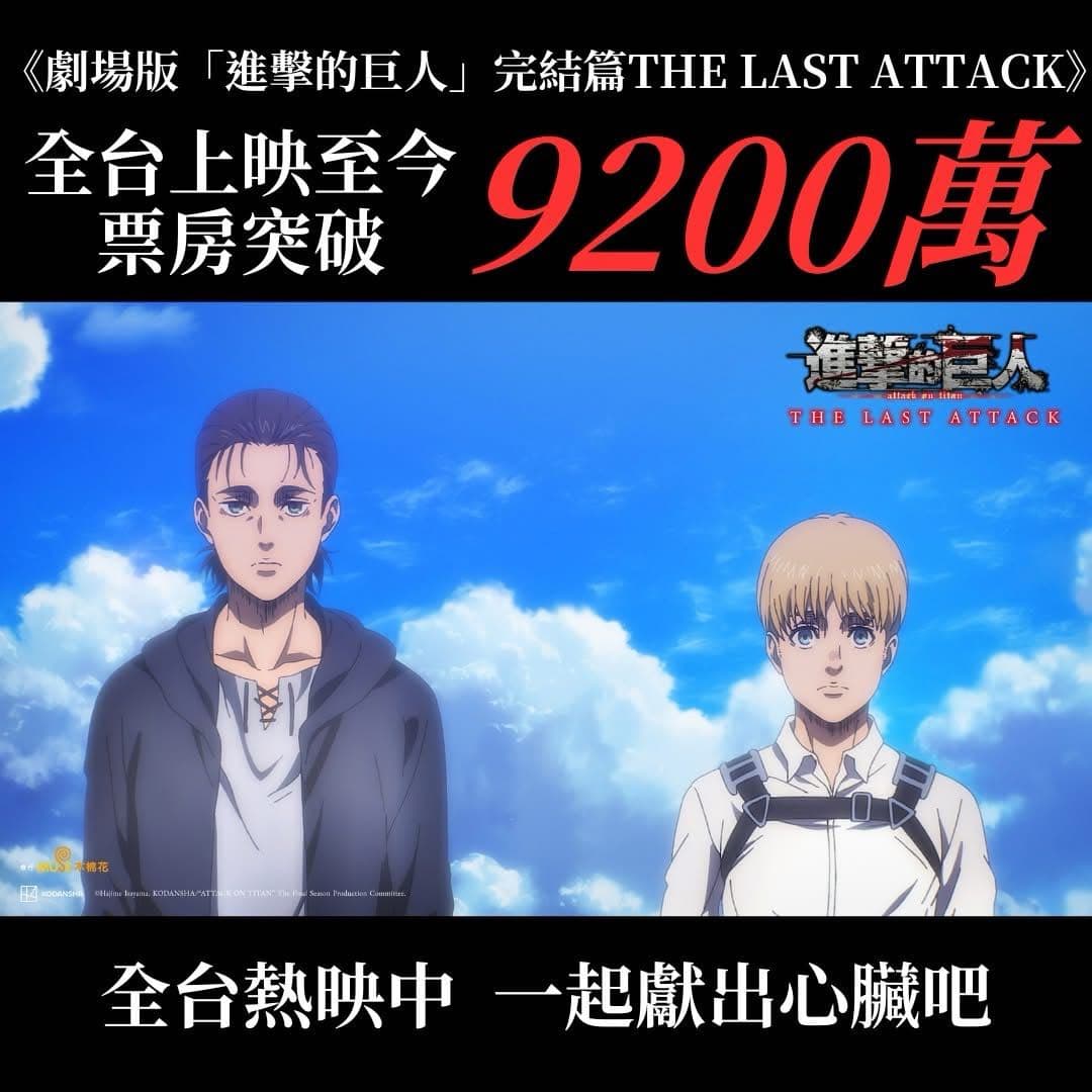 《劇場版「進擊的巨人」完結篇THE LAST ATTACK》🎉全台上映至今票房突破9200萬(統計至2/2)！謝謝大家一起到電影院獻出心臟！ - 小怪獸軍團 (@littlemonsters ...