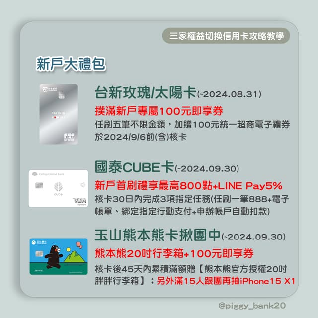 【三家權益切換信用卡攻略】 國泰CUBE卡、台新玫瑰/太陽卡、玉山Unicard 超完整比較圖表!! - 撲滿日記 (@piggy_bank20) | Dcard