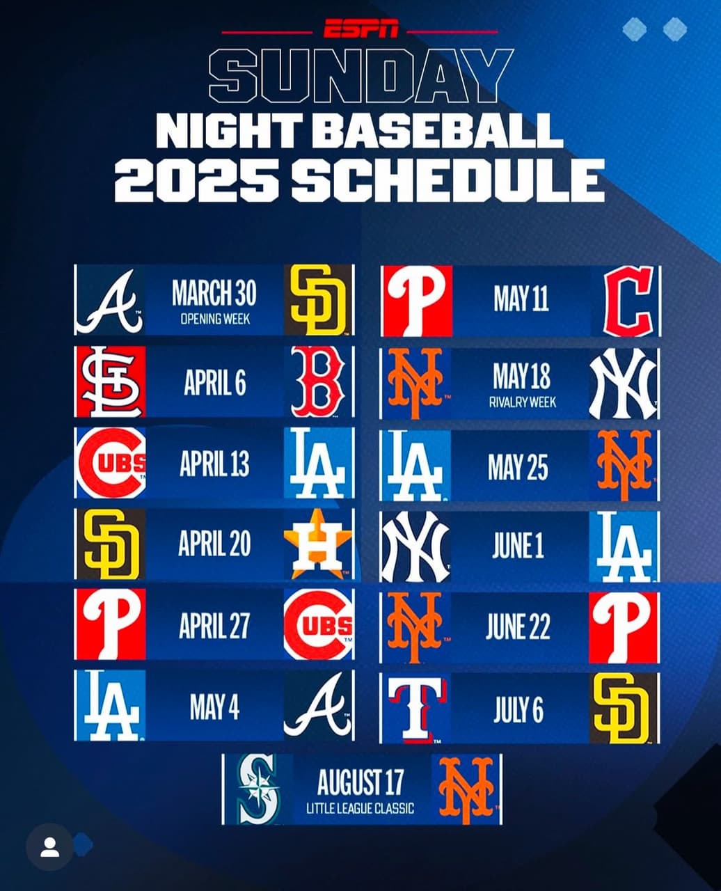 #討論 2025 MLB Sunday Night Baseball 的場次列表 - MLB板 | Dcard