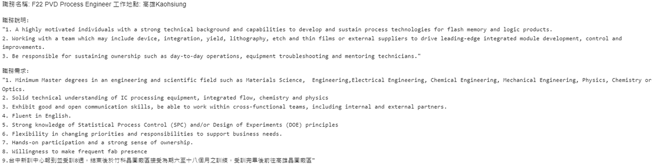 F22 PVD Process Engineer 請益 - 科技業板 | Dcard