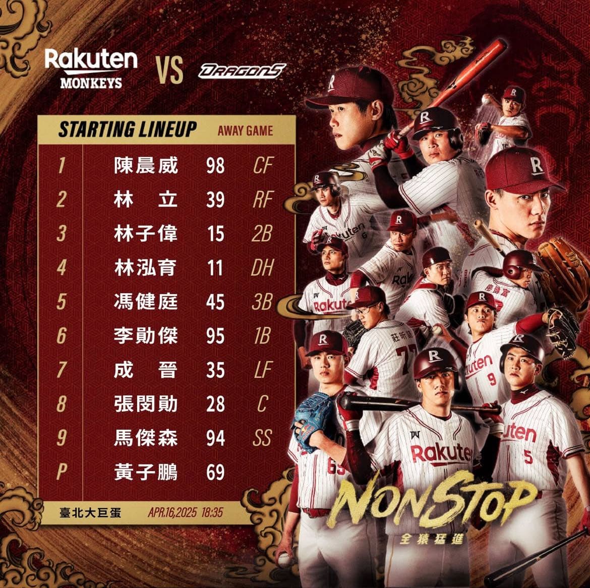 2025/4/16 CPBL G38 例行賽 / 樂天🦍 VS. 味全🐉 / 賽事討論區（黃子鵬 VS. 鋼龍） - 中職板 | Dcard