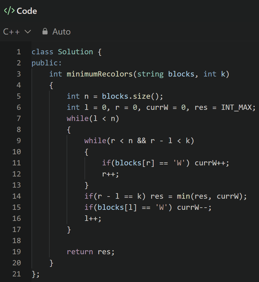 2379. Minimum Recolors to Get K Consecutive Black Blocks 解題紀錄 - 佛朗火箭製造基 (@supersonico) | Dcard