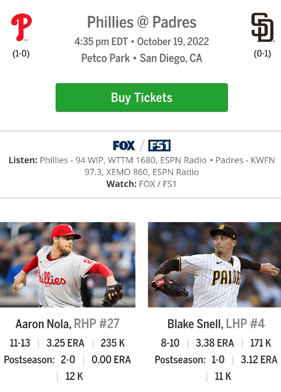 2022.10.20 NLCS G2 費城費城人 vs. 聖地牙哥教士 先發投手預告 （Series: 費城人1：0教士） - MLB板 | Dcard