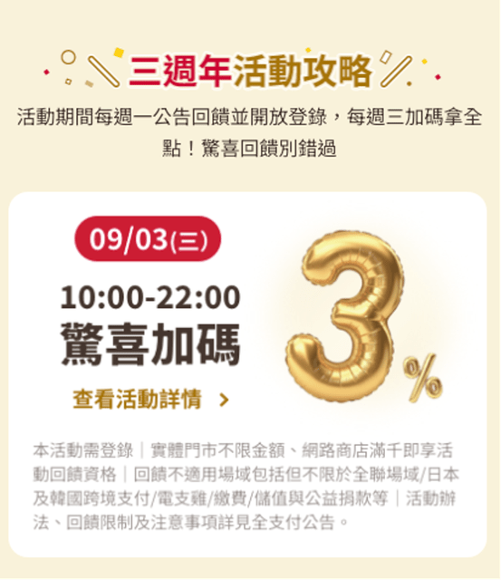#情報 全支付三週年活動來啦～週三10~22.限時回饋+抽全點 - 行動支付板 | Dcard
