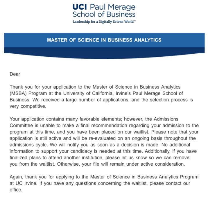 #經驗分享 UC Irvine (UCI) MSBA 2024申請分享 — 曲折的WL轉正 - 留學板 | Dcard