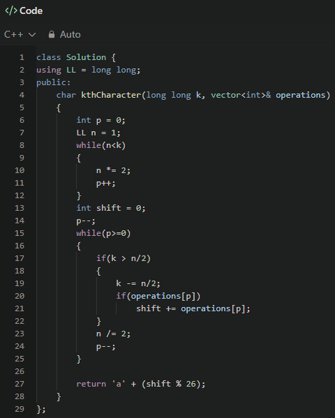 3307. Find the K-th Character in String Game II 解題紀錄 - 佛朗火箭製造基 (@supersonico) | Dcard