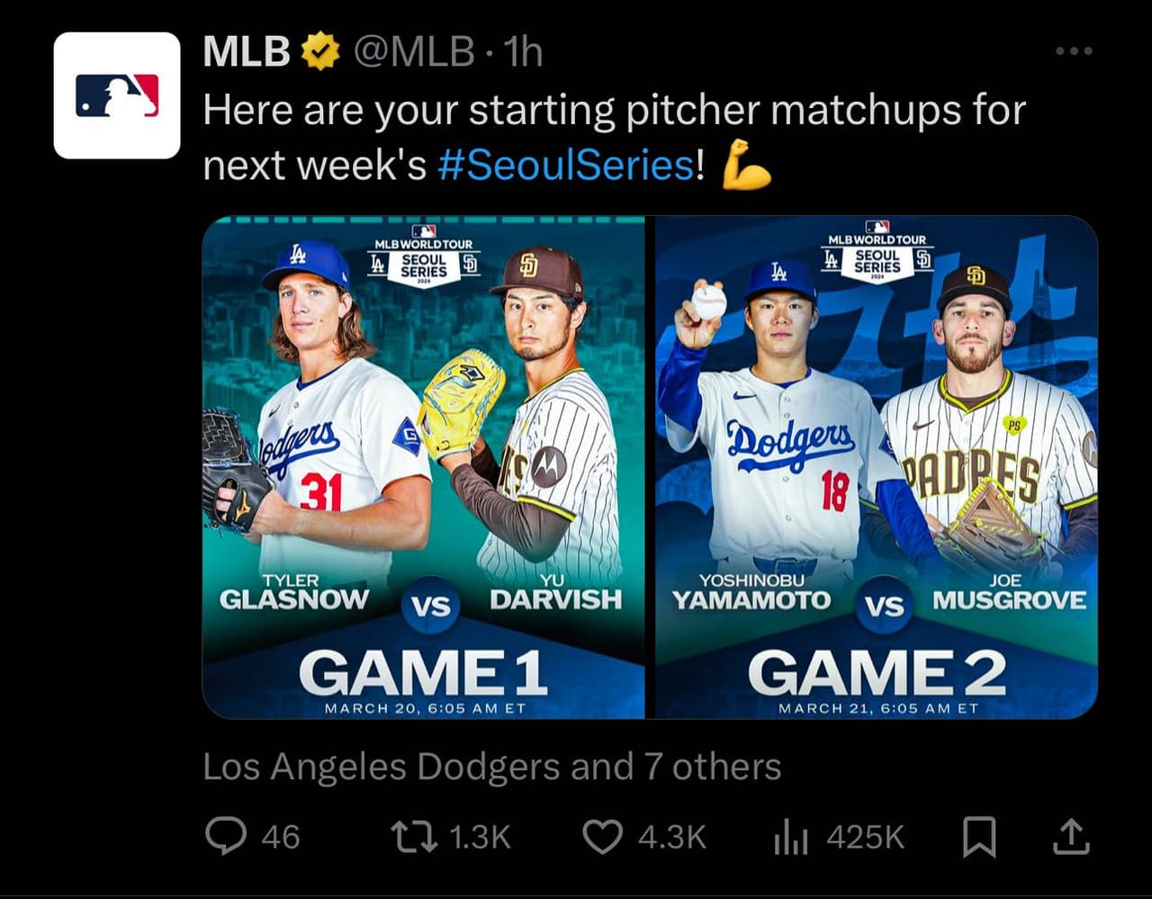 Seoul Series G1 G2 先發投手出爐 - MLB板 | Dcard