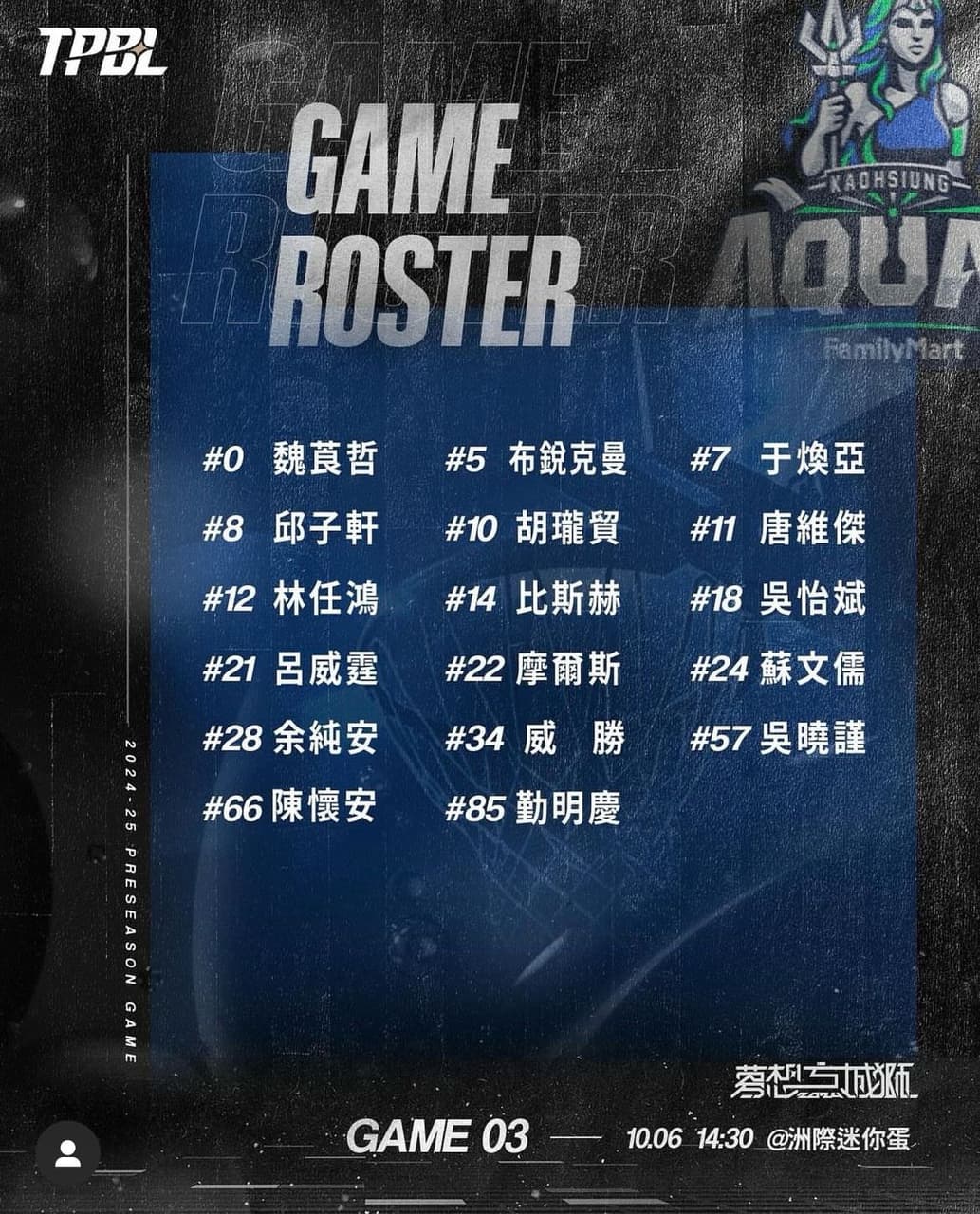 #討論 2024/10/6 TPBL 夢想方城獅熱身賽 G3 / 全家海神🧜‍♀️ VS. 新竹御嵿攻城獅🦁 / 賽事討論區 - 籃球板 | Dcard