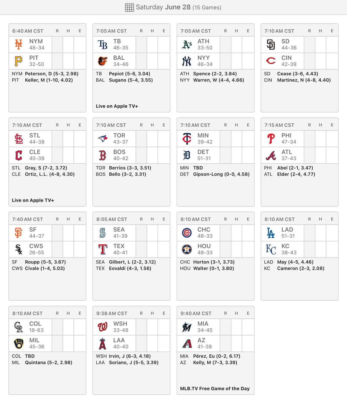 #賽事討論 2025/6/28 MLB 所有場次的先發投手（15 場） - MLB板 | Dcard