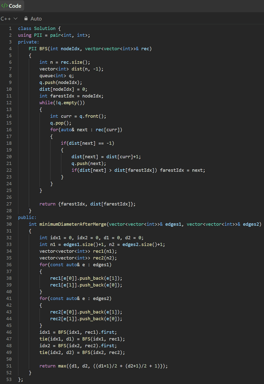 3203. Find Minimum Diameter After Merging Two Trees 解題紀錄 - 佛朗火箭製造基 (@supersonico) | Dcard