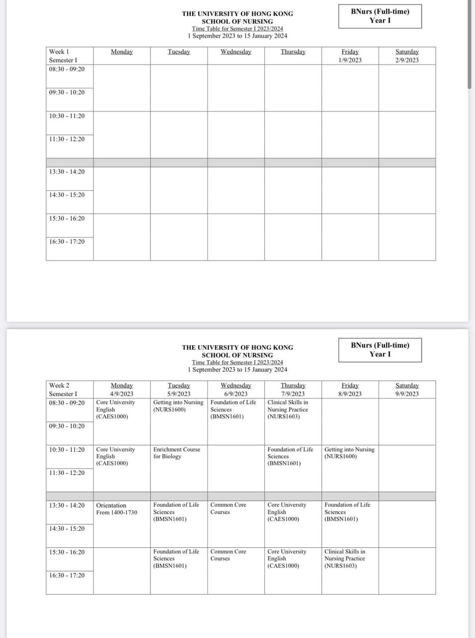 NURSING TIMETABLE - 香港大學板 | Dcard