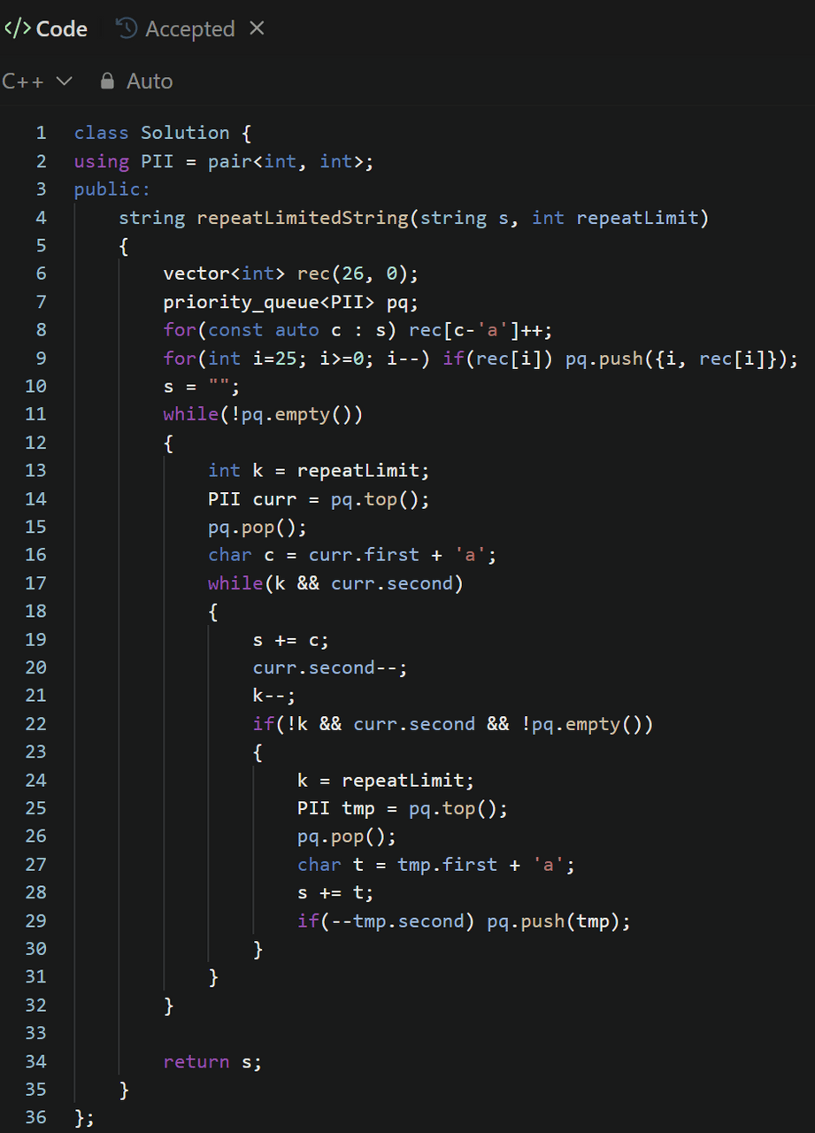 2182. Construct String With Repeat Limit 解題紀錄 - 佛朗火箭製造基 (@supersonico) | Dcard