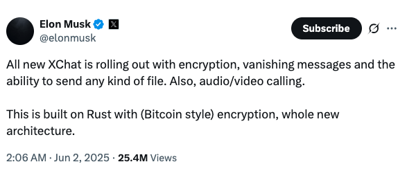 Elon Musk 即將推出基於 Rust 語言的 XChat - 加密媽咪 (@metaverse9429) | Dcard