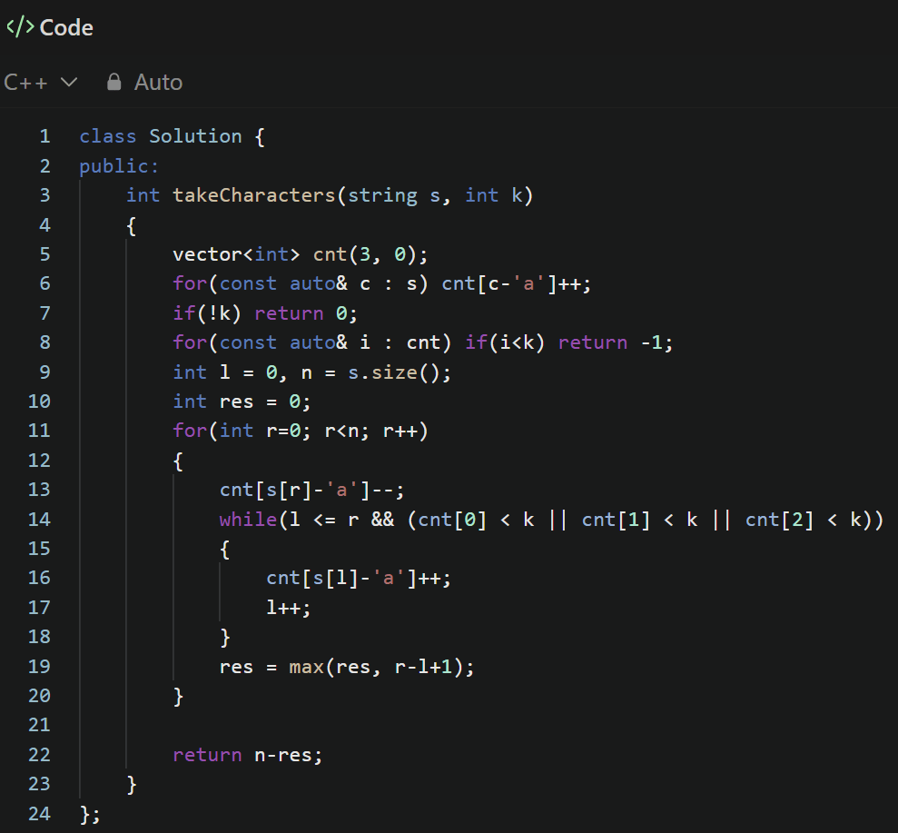 2516. Take K of Each Character From Left and Right 解題紀錄 - 佛朗火箭製造基 (@supersonico) | Dcard