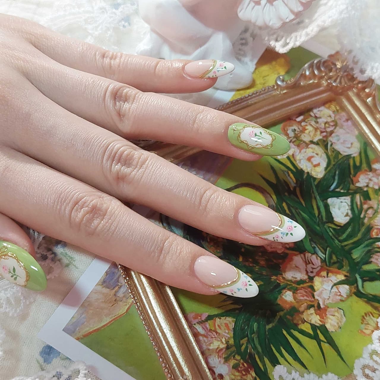 分享 自學美甲日記之復古綠色系碎花美甲 美甲板 Dcard