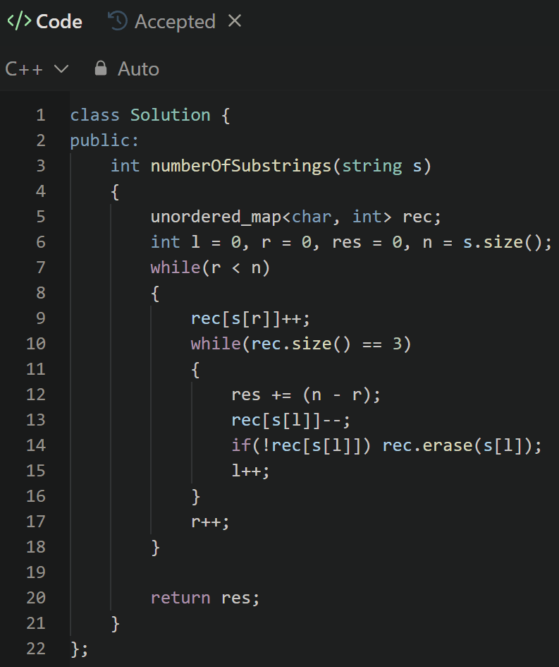 1358. Number of Substrings Containing All Three Characters 解題紀錄 - 佛朗火箭製造基 (@supersonico) | Dcard