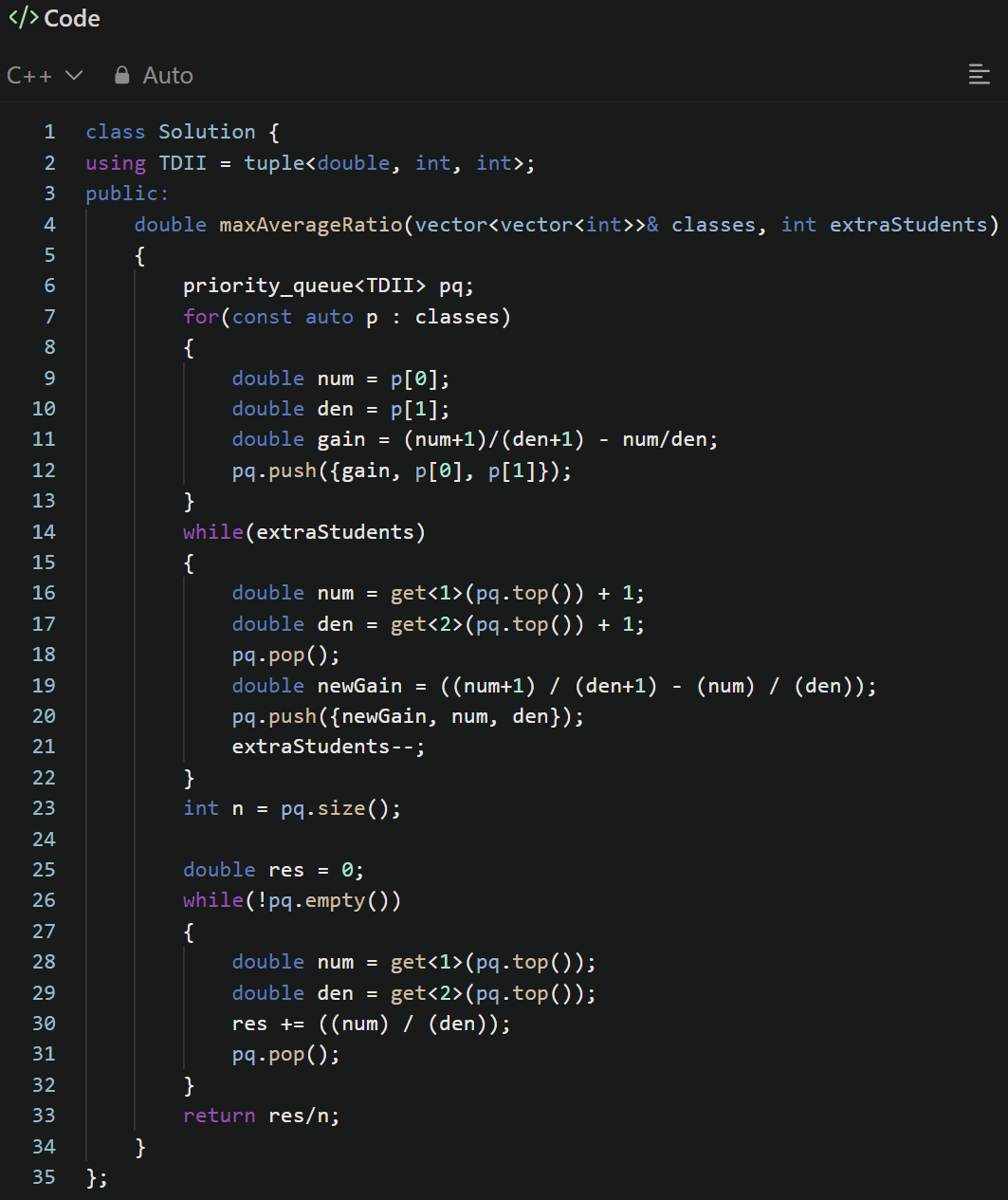 1792. Maximum Average Pass Ratio 解題紀錄 - 佛朗火箭製造基 (@supersonico) | Dcard
